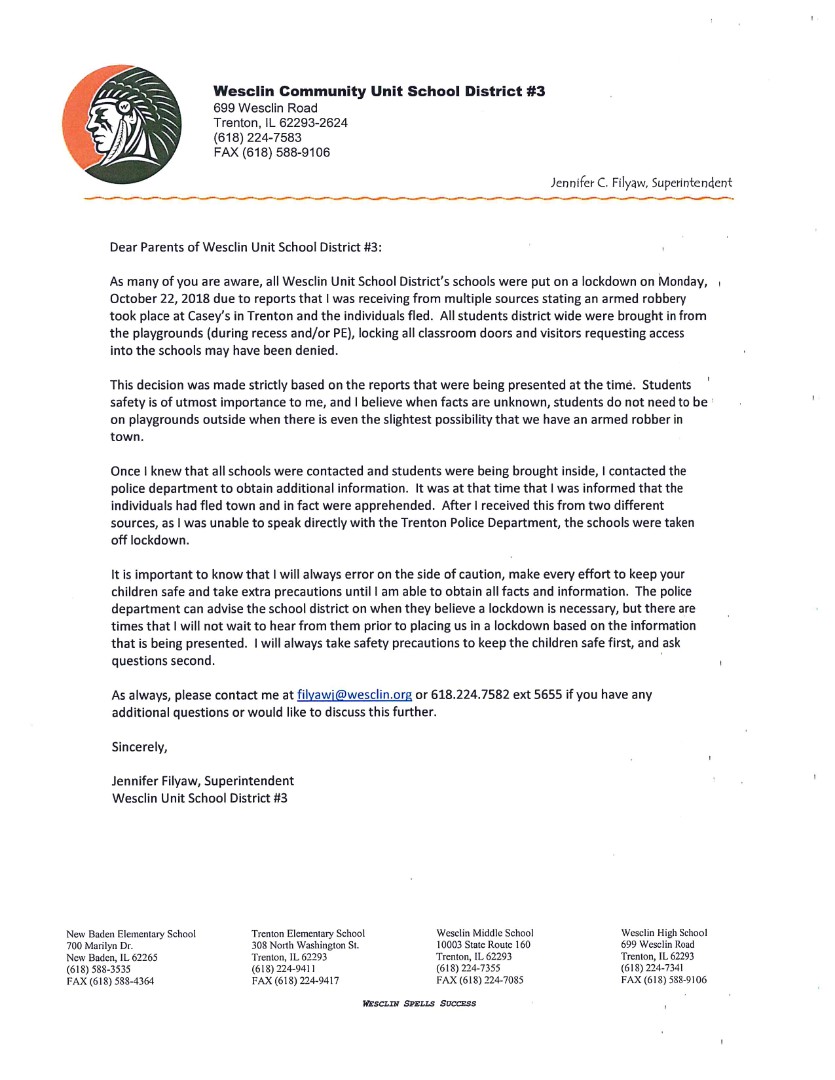 Wesclin CUSD 3 - Wesclin Response to October 22 Lockdown